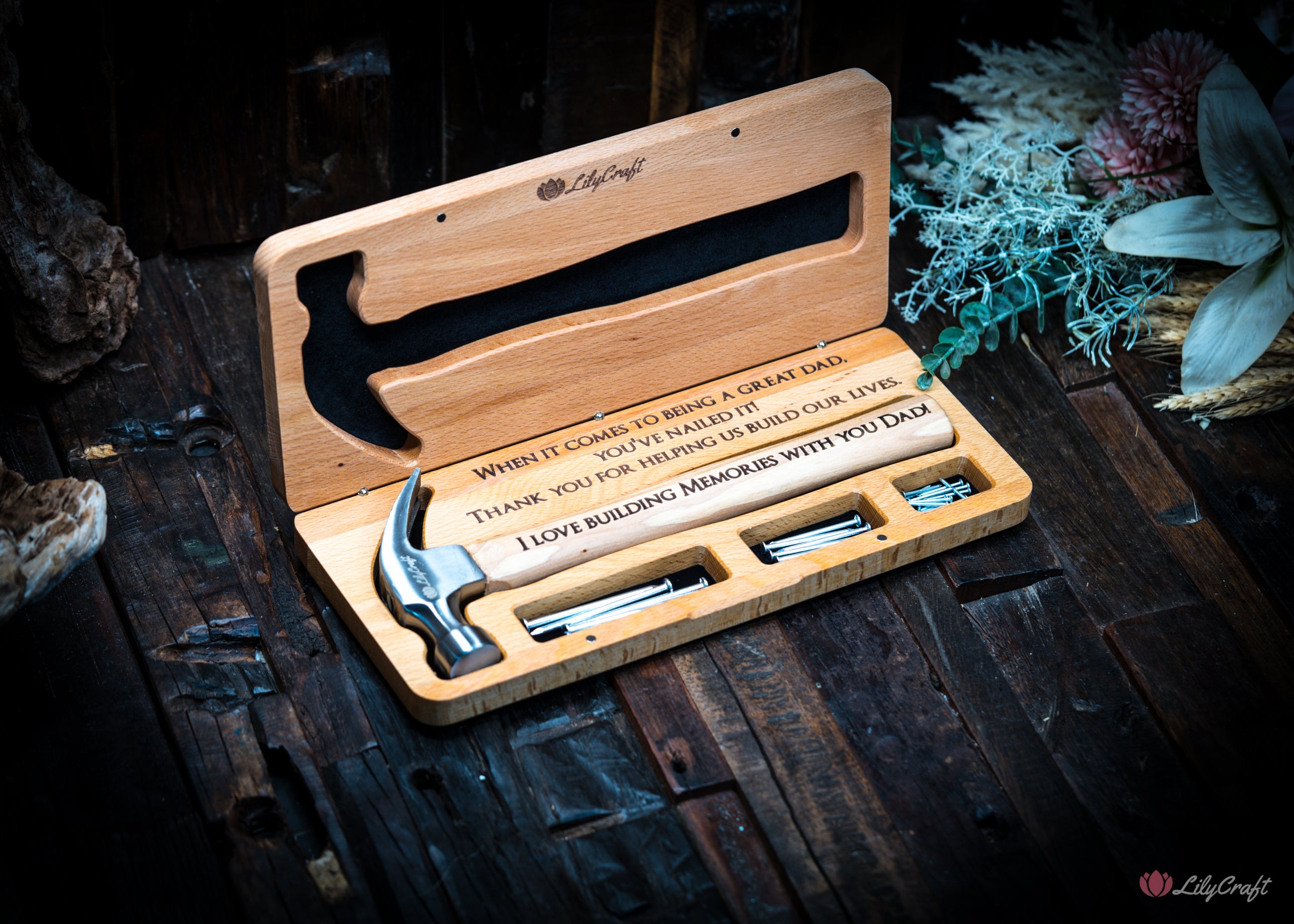 Personalised Hammer Gift Set with Wooden Box and Nails.