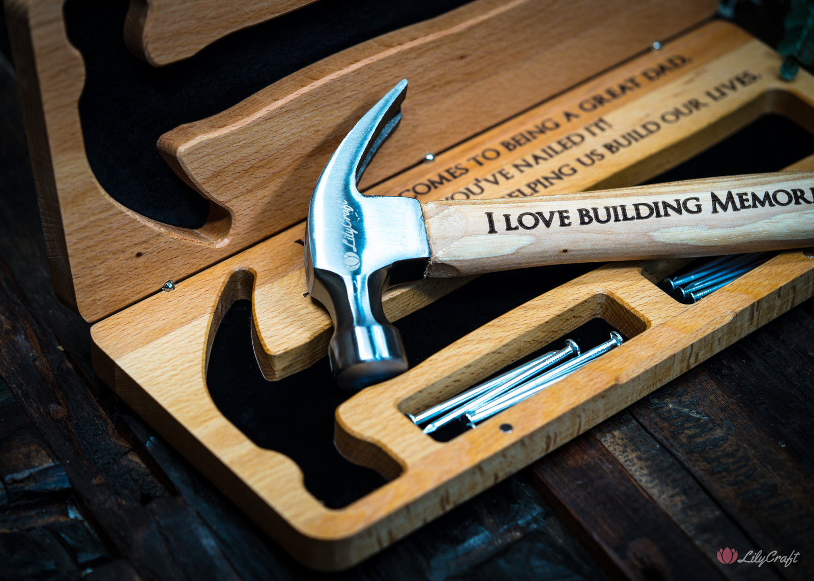 Personalised Hammer Gift Set with Wooden Box and Nails.
